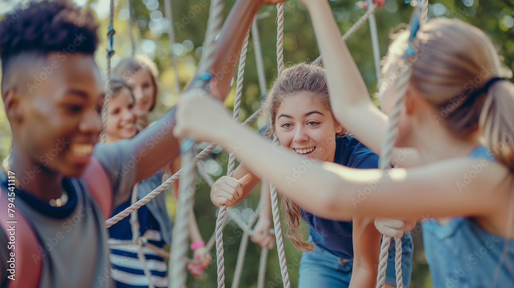 Teachers and students engaging in a team-building ropes course ...