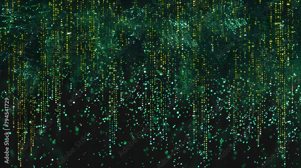 a digital rain of green binary code cascading down a dark black background, with a sense of ...