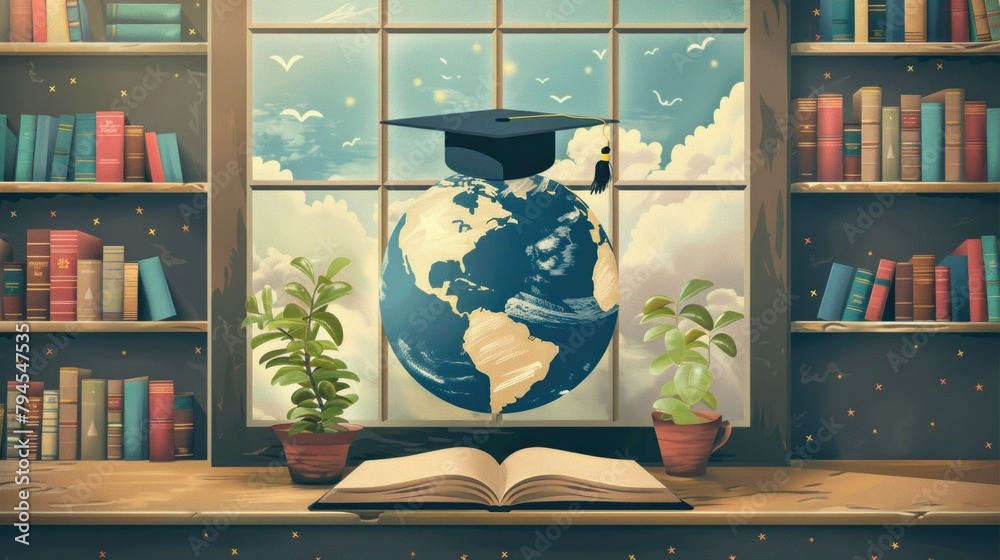 Background template with icon of planet Earth wearing a graduation cap ...