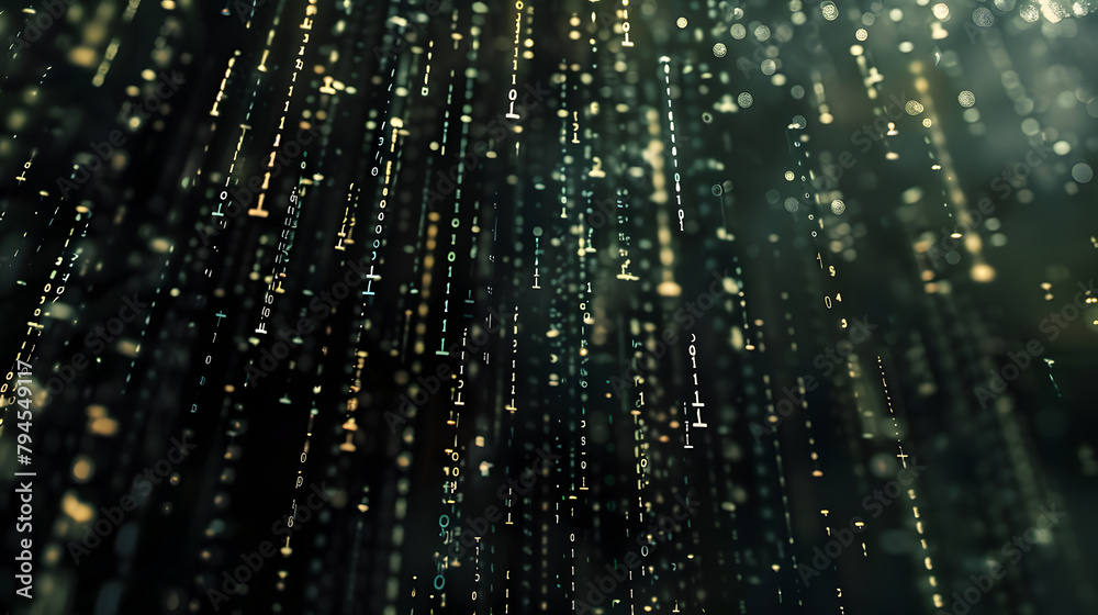 a digital rain of yellow binary code cascading down a dark black background, with a sense of ...