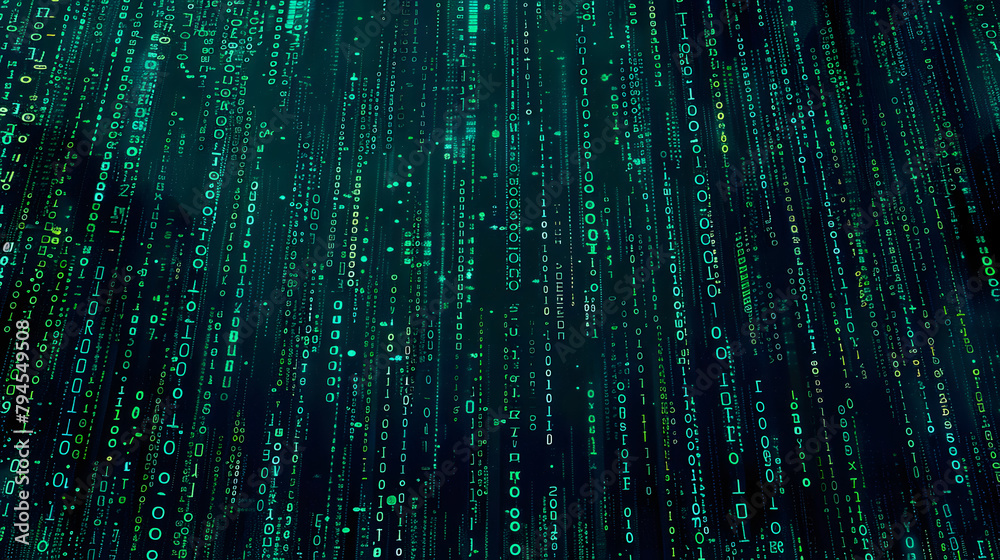 a digital rain of green binary code cascading down a dark black ...