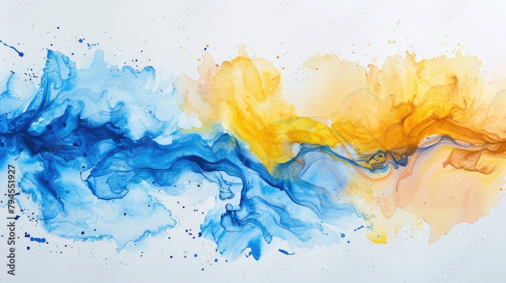 Background of yellow and blue watercolor paint on wet paper with ...