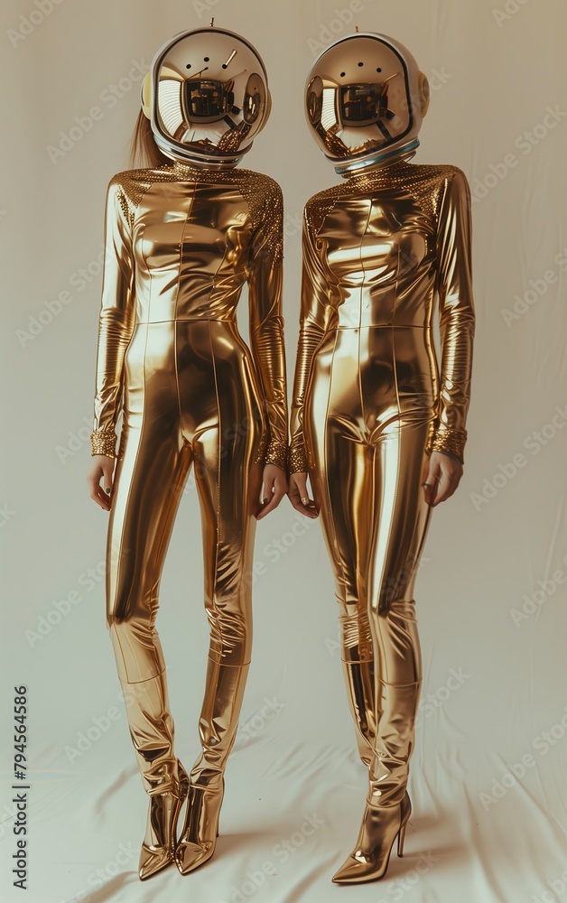 Two gorgeous women wearing shiny golden bodysuits and high heels ...