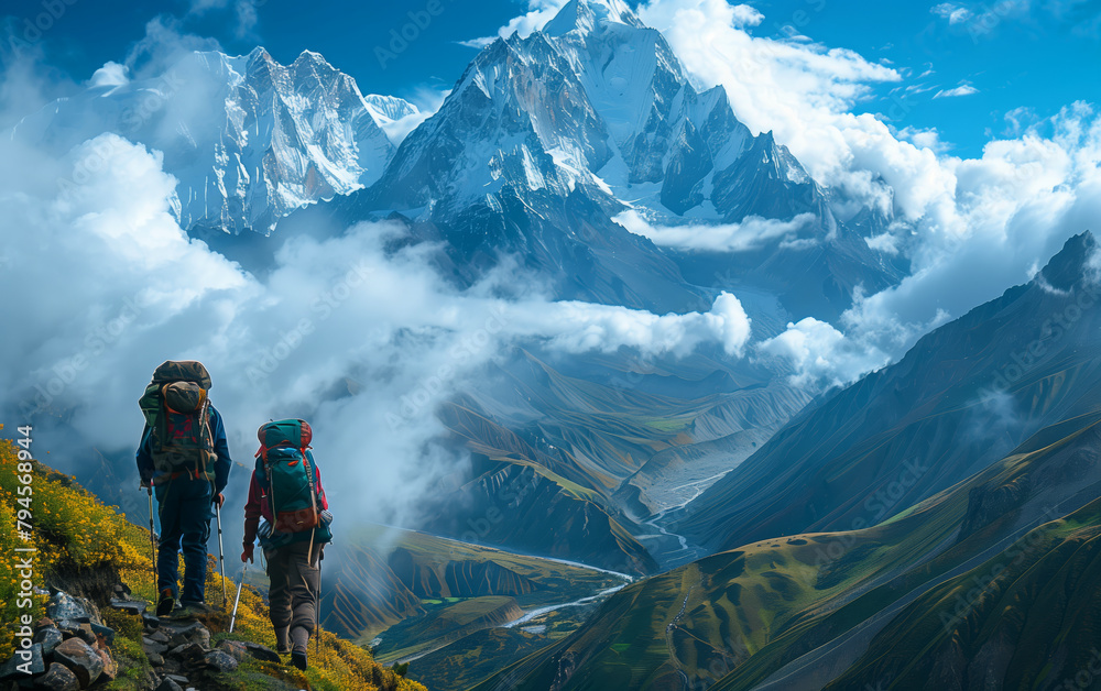 Tibetan hikers in the Himalayas, with Aram mountain in the background ...