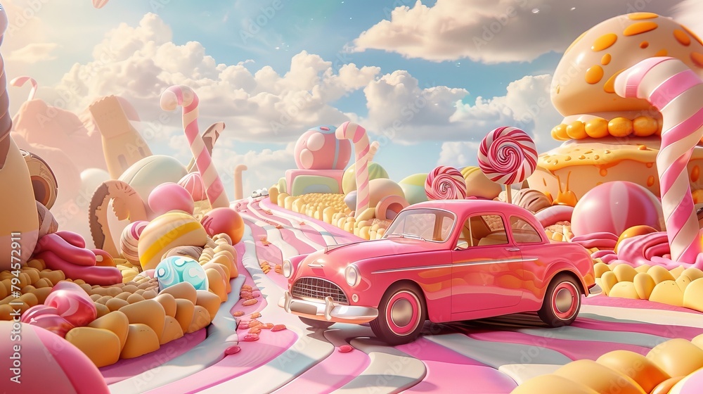 Cute cartoon car driving through a candyland AI generated illustration ...
