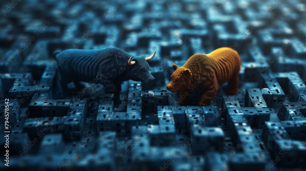 Digital bull and bear standing on a blockchain-inspired textured ...