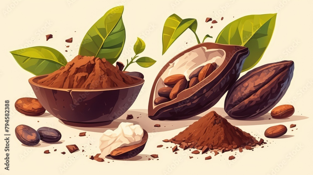 Iconic cartoon 2d of cacao butter with cocoa beans and tree powder ...