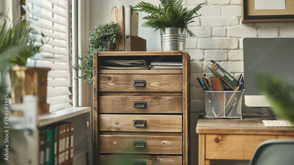Functional file cabinet in a bright workspace, blending utility with ...
