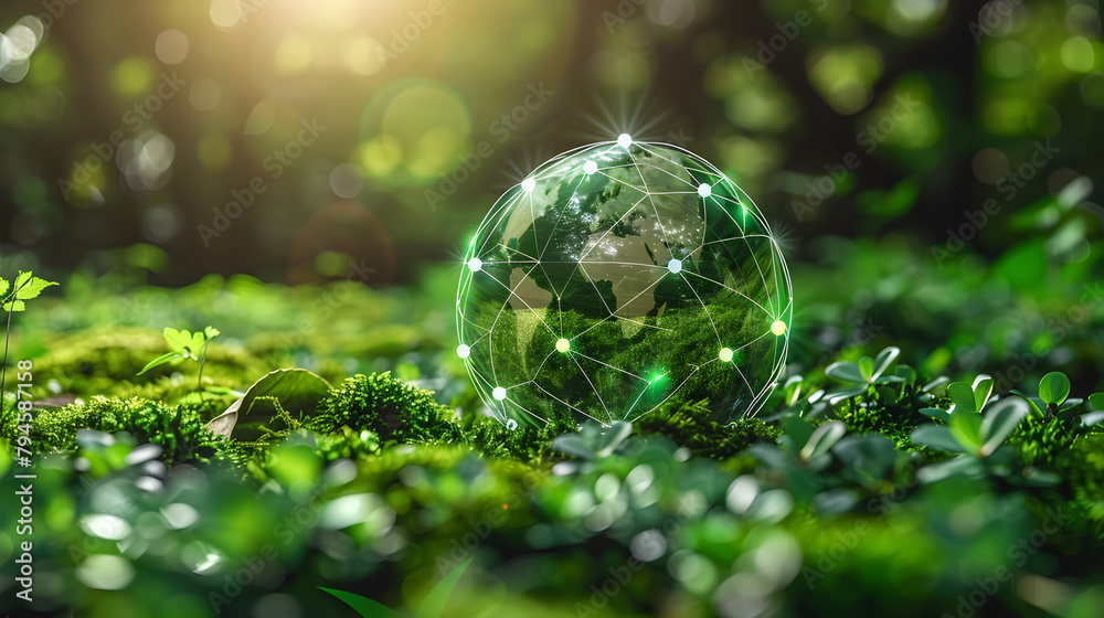 Glass globe in green forest with environment, ESG, CO2, circular ...