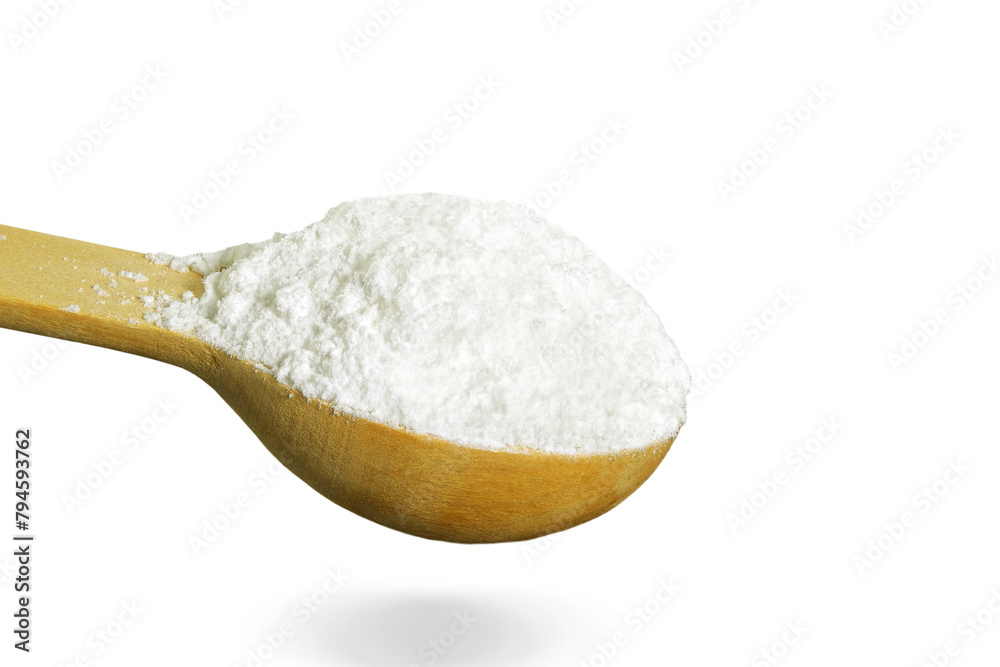 white powder sugar in wooden spoon isolated cutout in transparent ...