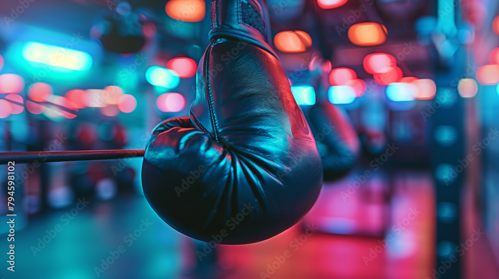 Boxing gloves hanging on in sport gym indoors. Fitness sport martial ...
