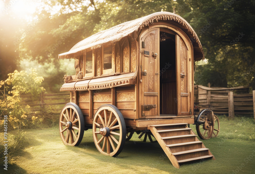 'wooden vintage gypsy open romany parked isolated caravan 3d door ...