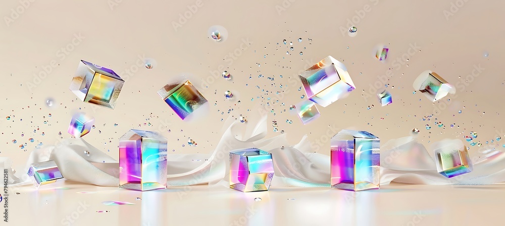 Vibrant Multicolor Holographic Cubic Patterns on Beige Background ...