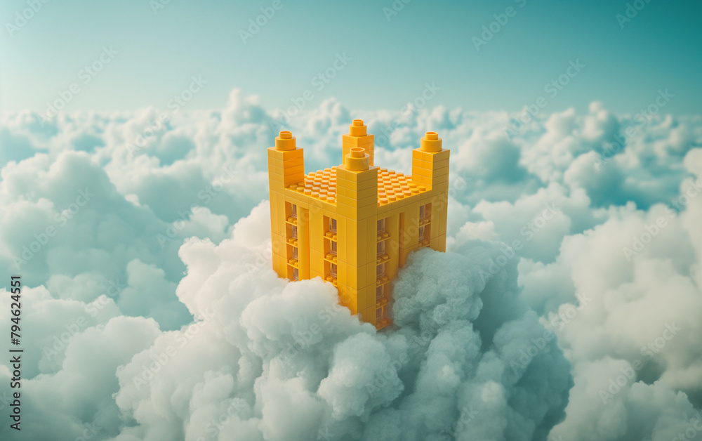 Conceptual Yellow Lego Building Blocks Tower Floating Above Clouds foto ...