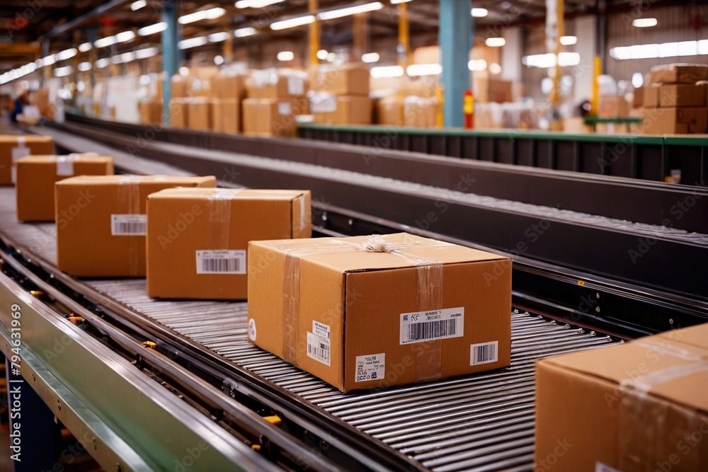 Parcel boxes on conveyor belt in product sorting and shipping facility ...