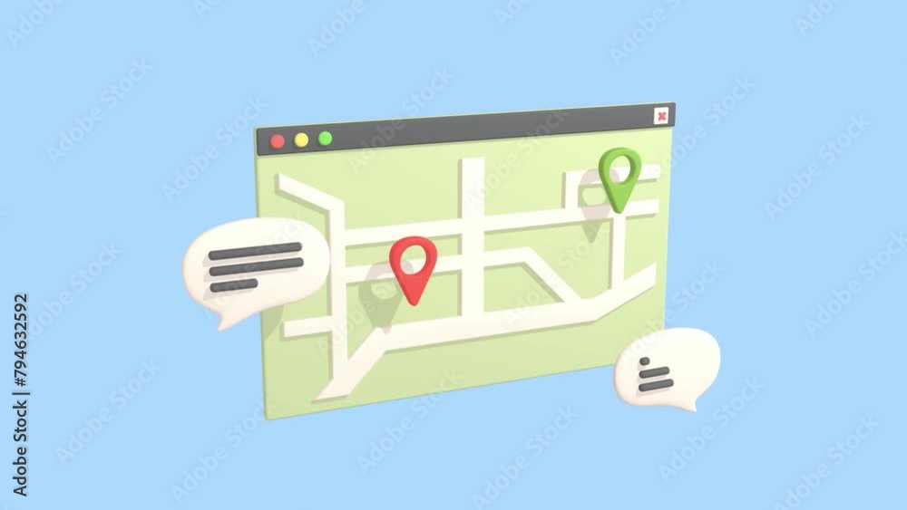 Animated Map With Location Pins And Speech Bubble Isolated On a Blue ...