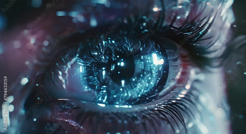 a cybernetic eye, with blue digital patterns reflecting the vision of ...