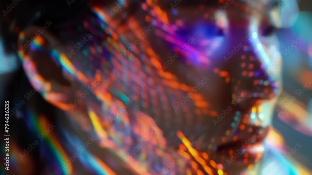Iridescent holographic patterns swirl around a woman's face, fusing ...