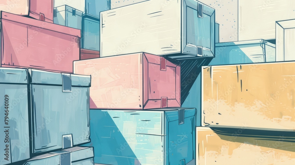 cartoon rendering of a paper box incorporating logistics and storage ...