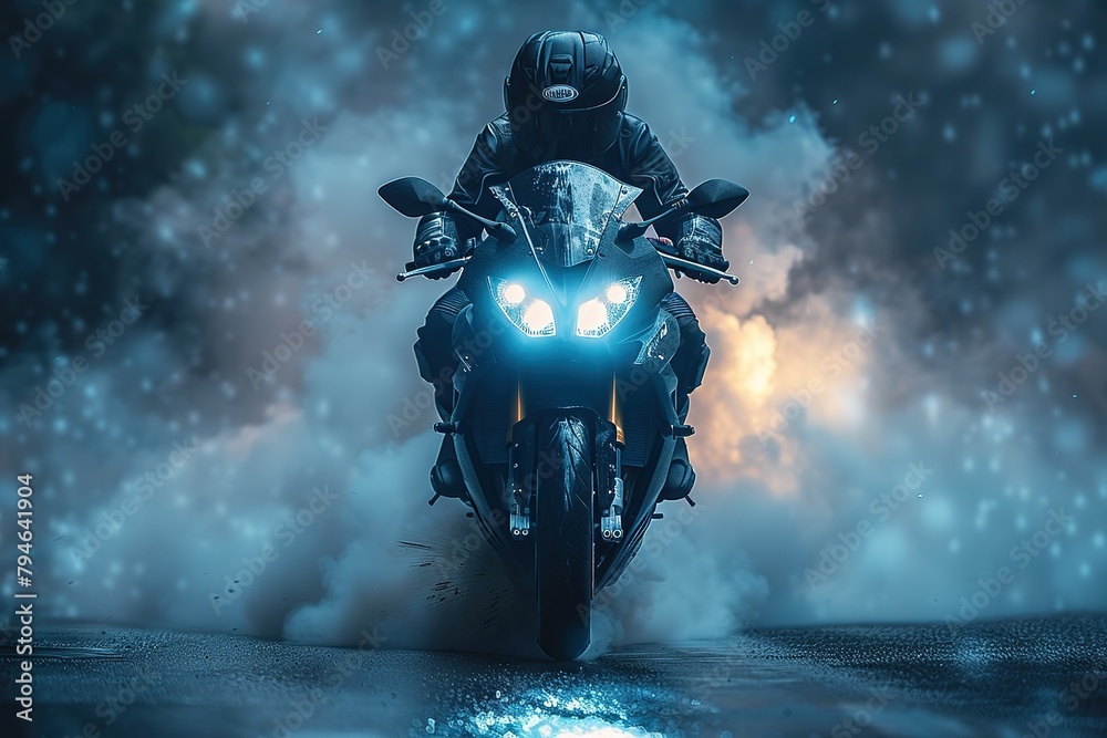 Supersport motorcycle driver at night with smoke around. Dark theme ...