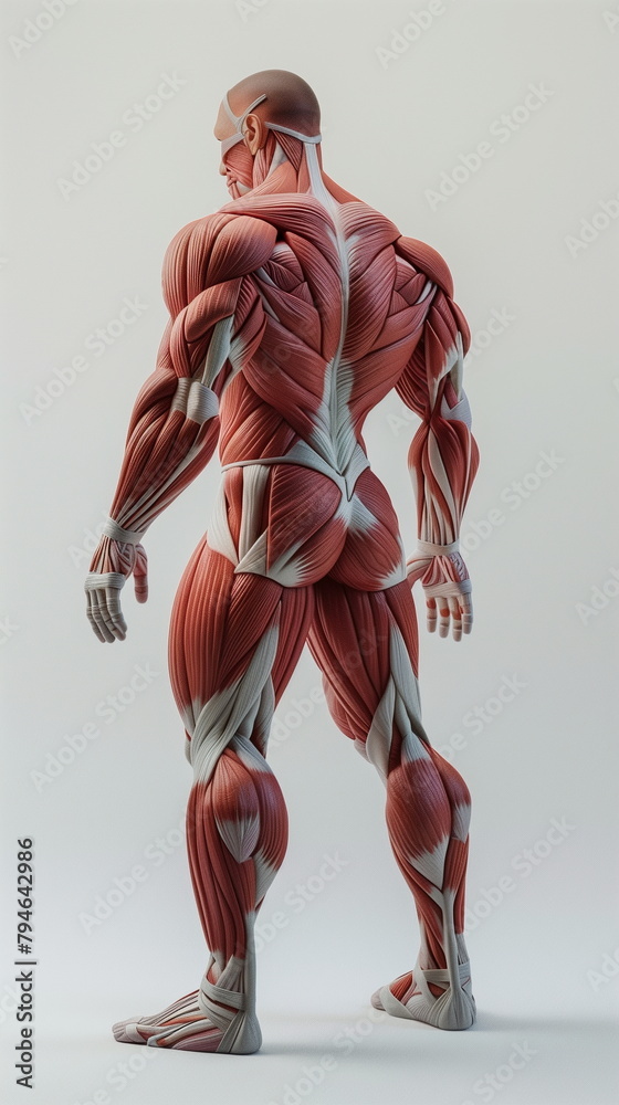 A male human's full-body muscular distribution anatomy, posterior view ...