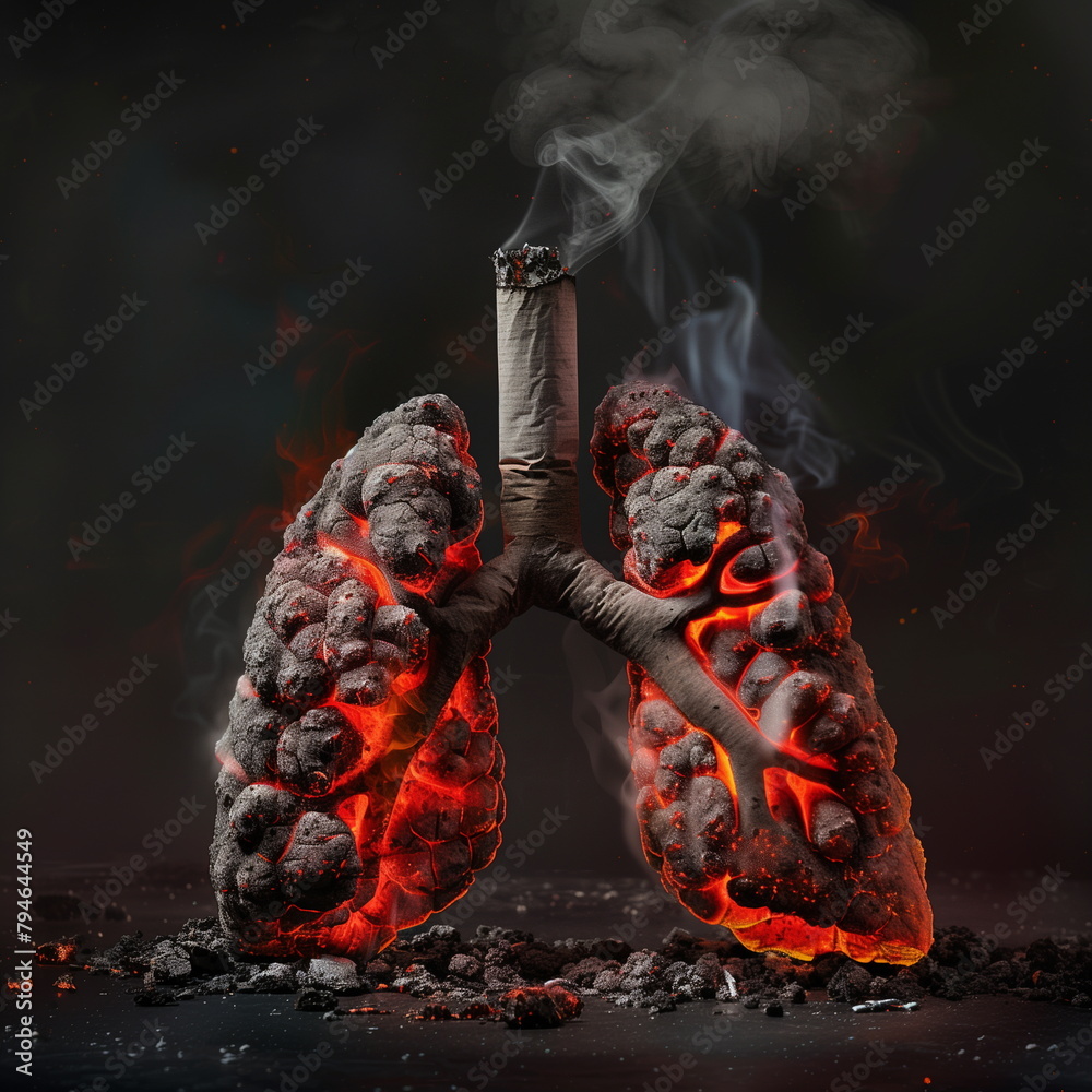 Both lungs, damaged and burning red by smoking, are connected by ...