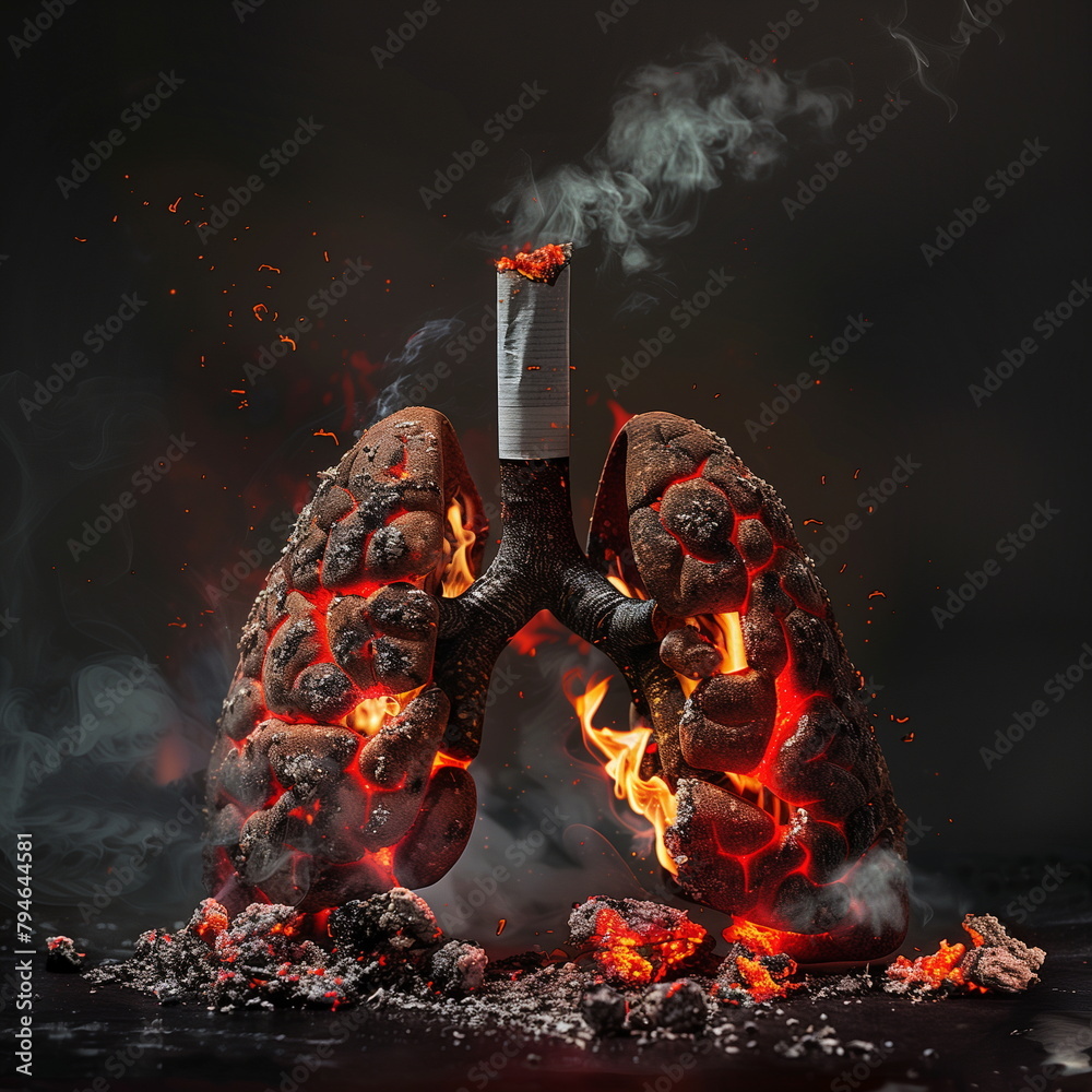 Both lungs, damaged and burning red by smoking, are connected by ...