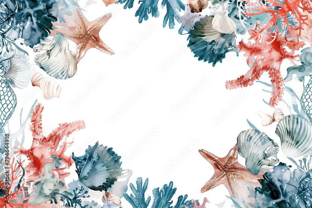 watercolor frame, the frame consists of elements of corals, sea knots ...
