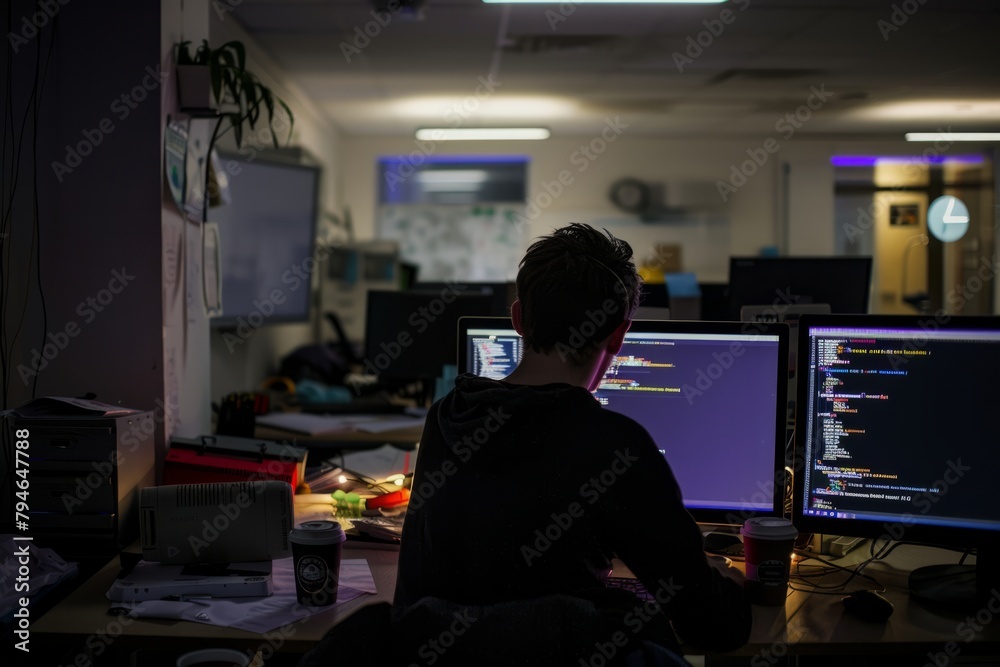 Professional Photography of a lone programmer coding late into the ...