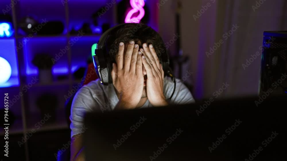 A stressed man sits in a gaming room at night with headphones and a ...
