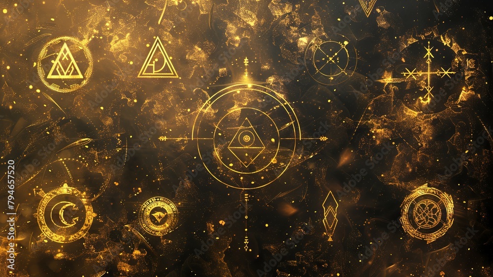 Mystical golden symbols on dark background - This image features an ...