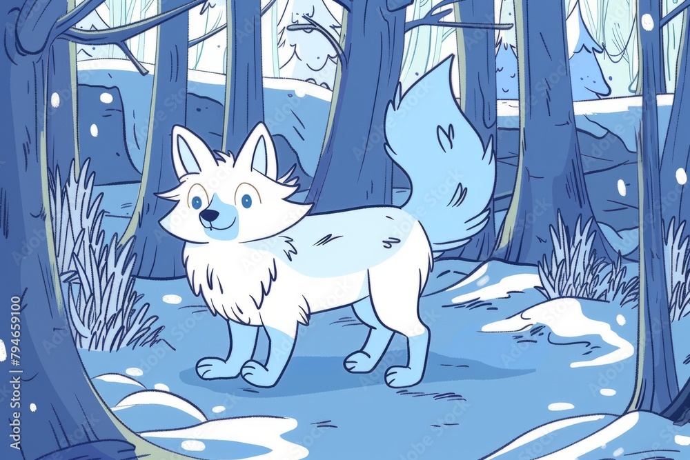 Cartoon cute doodles of a curious arctic fox exploring a frost-covered ...