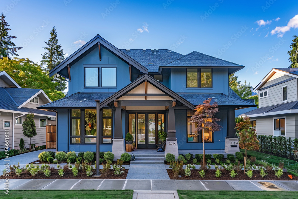 The facade of a modern electric blue cottage craftsman style house ...