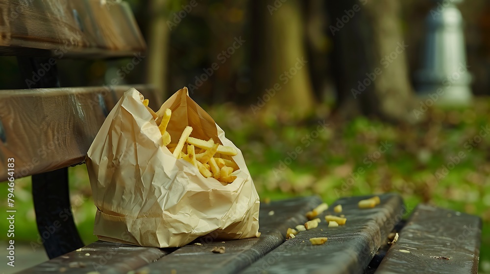 A crumpled fast food paper bag sits abandoned on a park bench, fries ...