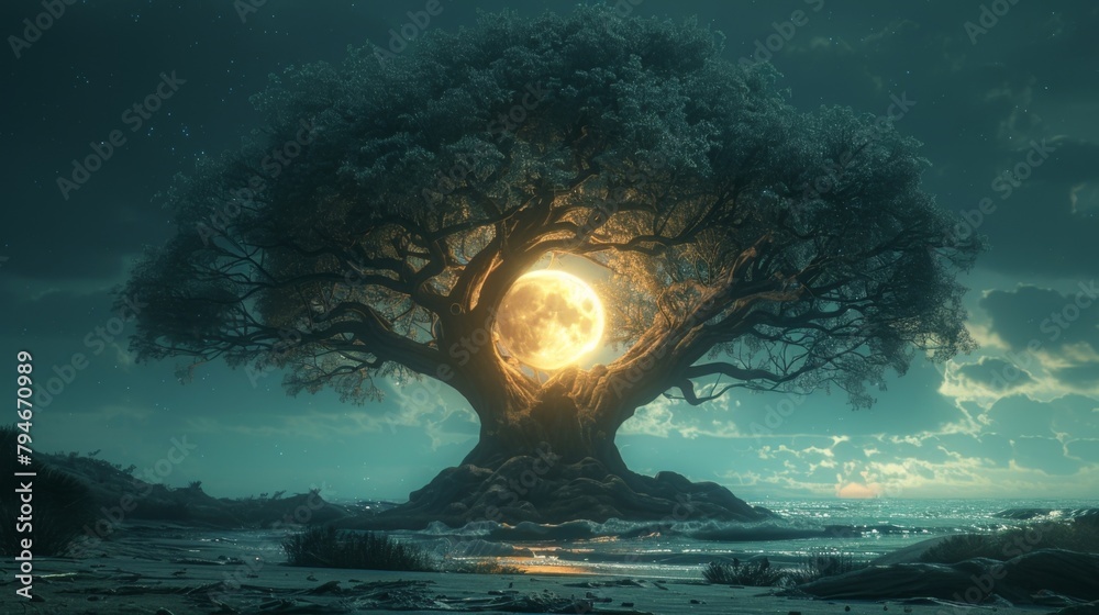 In the center of the tree a glowing orb floats between the branches ...