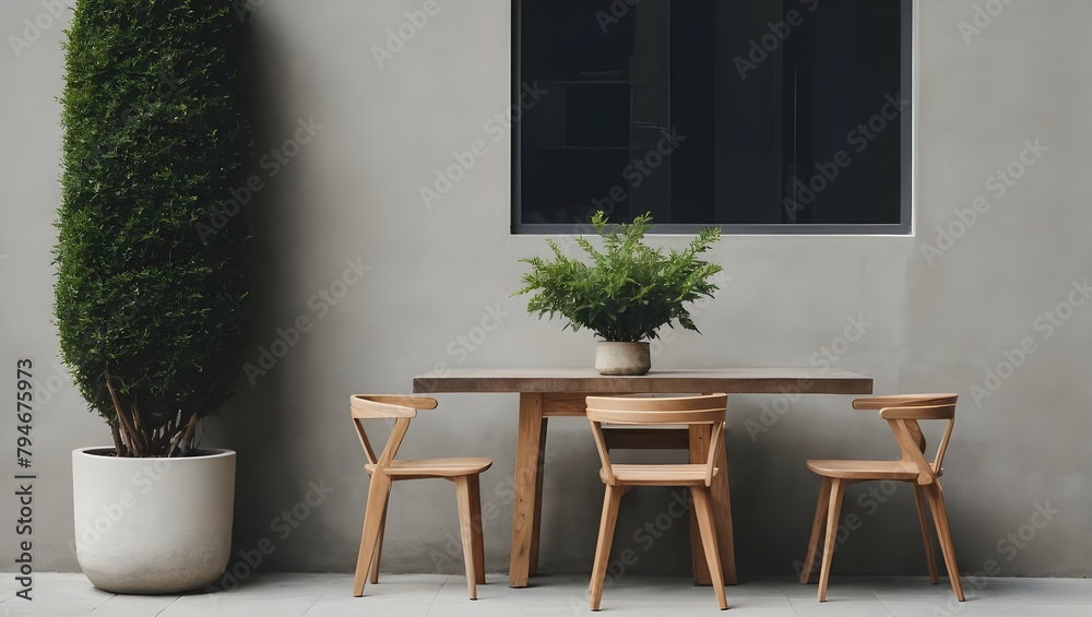 Beautiful and simple outdoor sitting area with wooden table and high ...