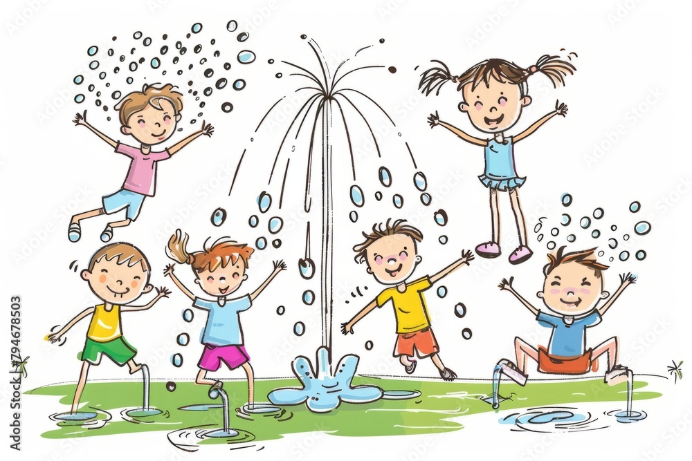 Cartoon cute doodles of kids splashing in water fountains and running ...