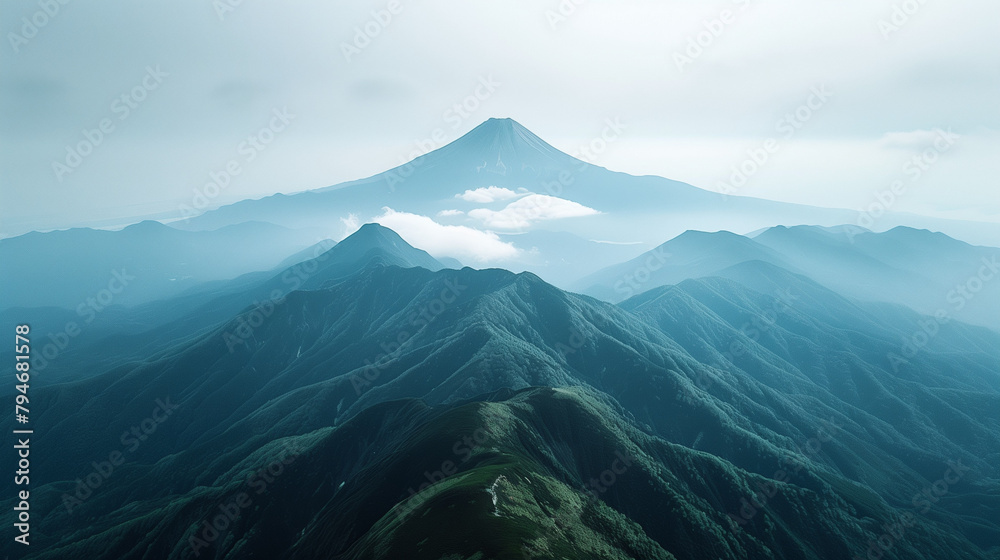 Mount Fuji enshrouded in clouds with clear sky. Fuji Mountain and Pink ...