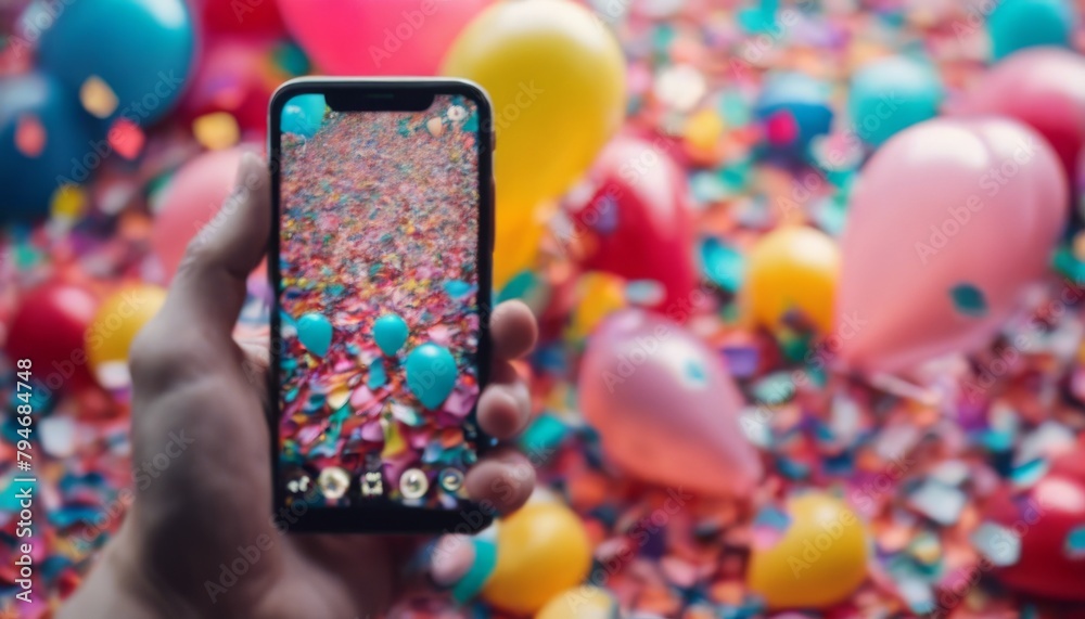 'confetti background colorful playful balloons holding hand smartphone ...