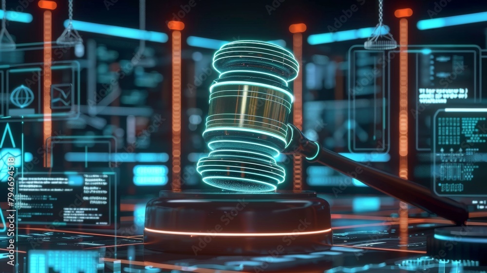 Law Meets Innovation: Futuristic Gavel on Holographic Podium with ...