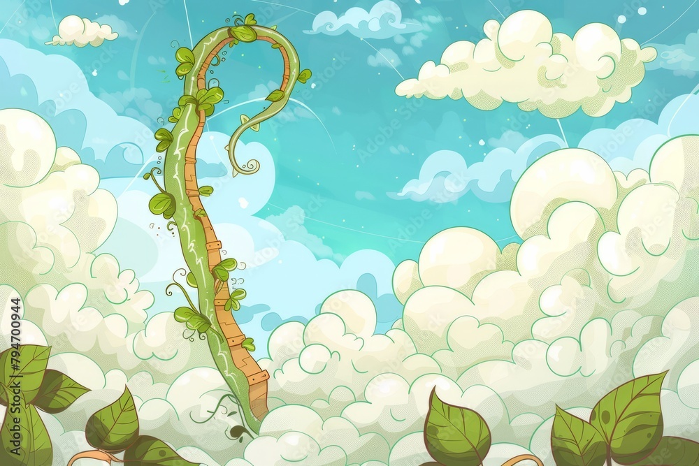 Cartoon cute doodles of a magical beanstalk stretching up to the clouds ...
