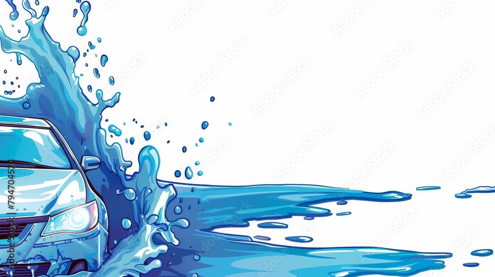 cartoon illustration of blue car splashed with liquid and copy space on ...