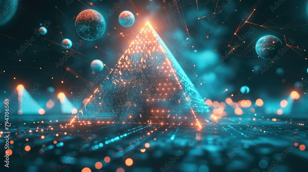 Glowing data orbs orbiting a digital pyramid --ar 16:9 Job ID: dc7ad908 ...