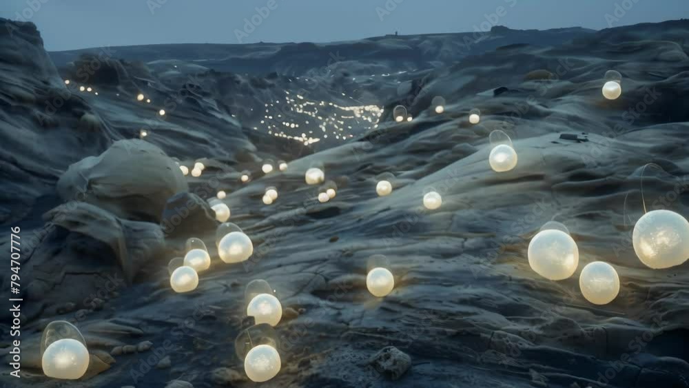 Glowing pearlescent orbs lay scattered across a rugged, windswept ...