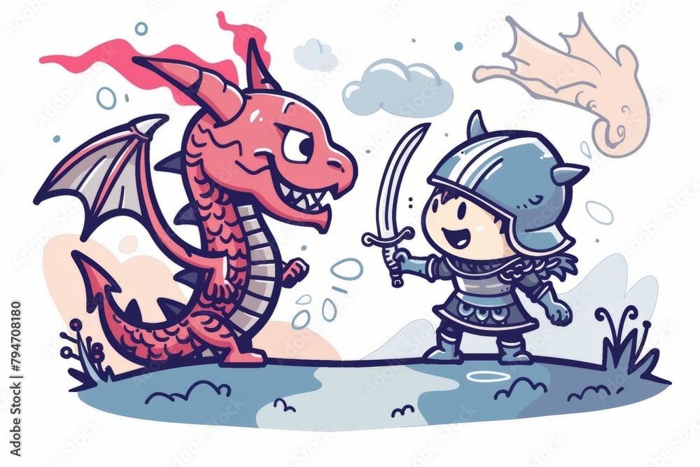 Cartoon cute doodles of a valiant knight on a noble quest to defeat a fearsome dragon and save ...