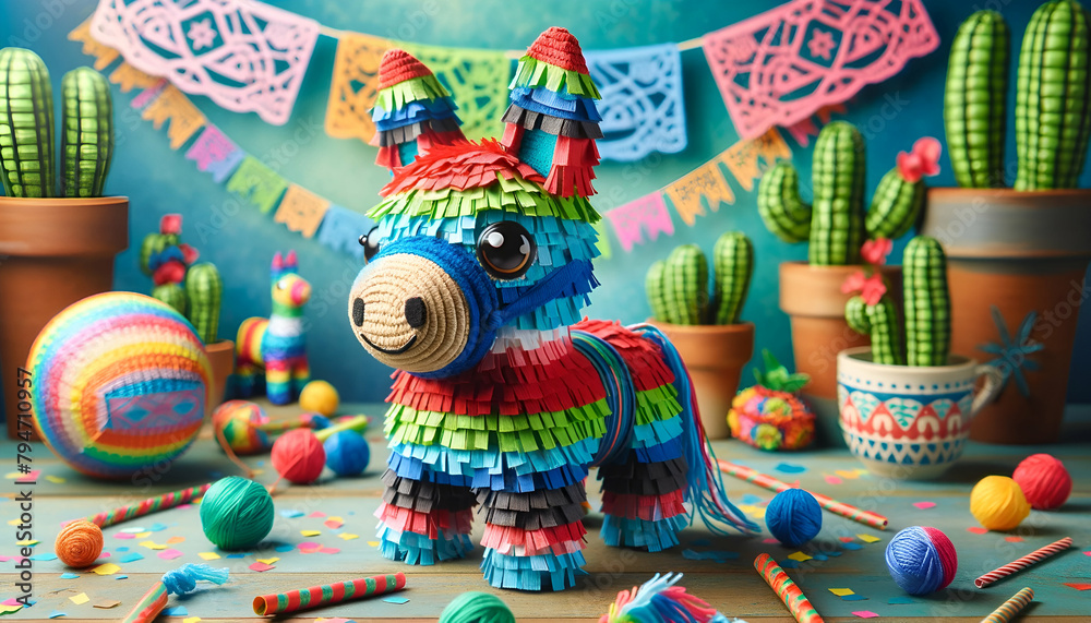 Colorful Mexican Party Decorations with Cactus and Paper Garland, Lively Piñata, Mexican Party ...
