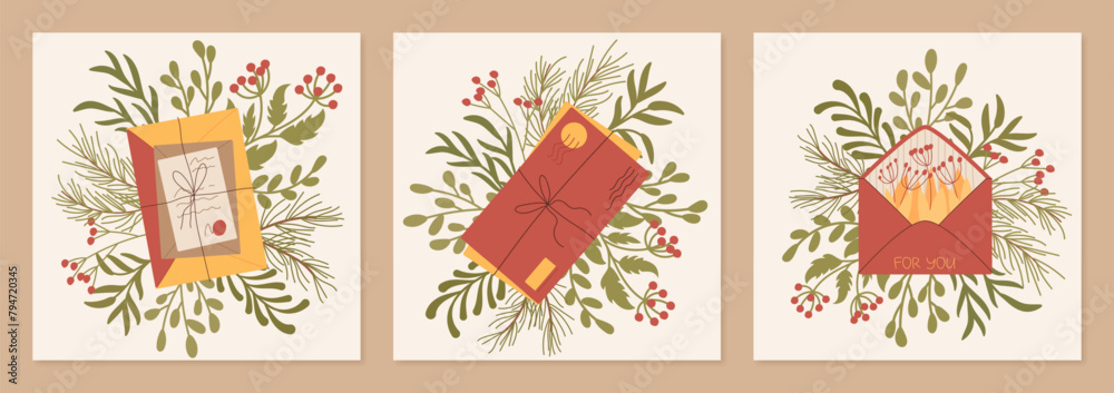 Trendy style craft square post card background, cartoon greeting social ...