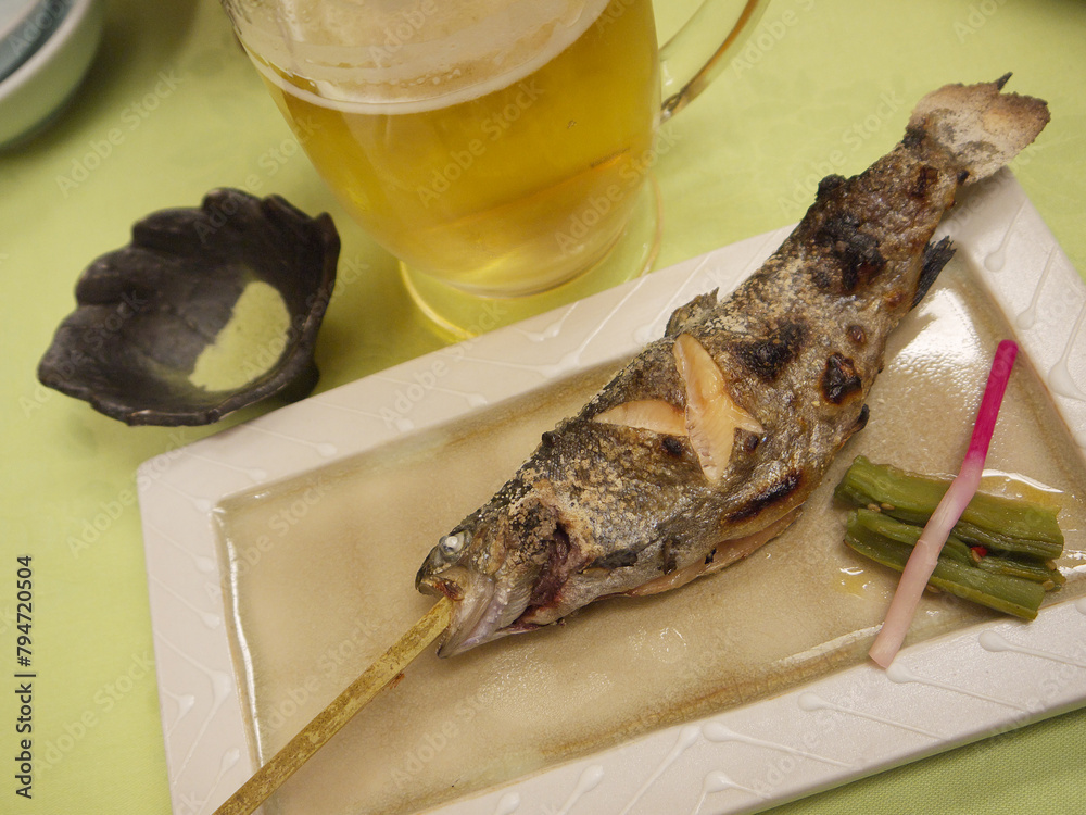 Japanese salt-Grilled ayu trout sweetfish skewer with Hajikami pickled ...
