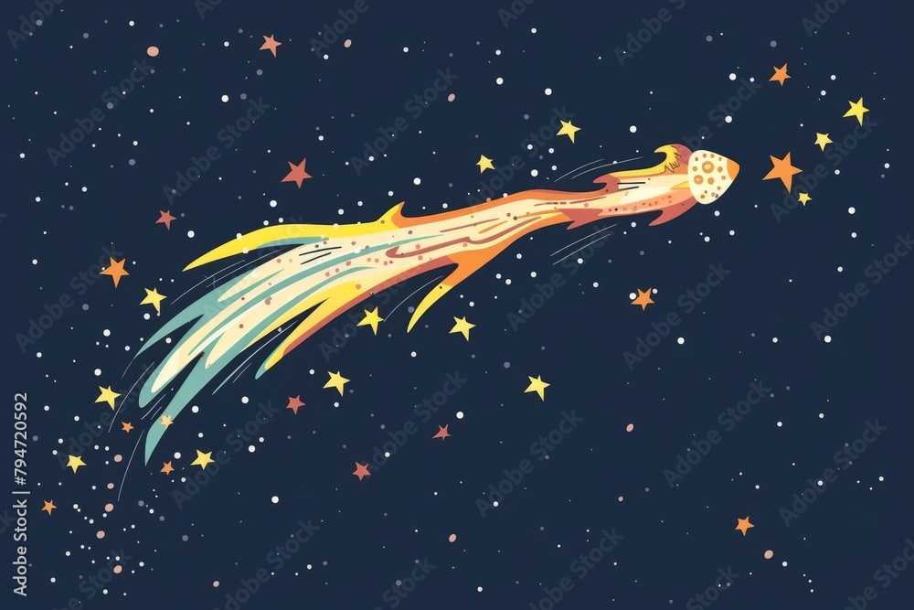 Cartoon cute doodles of a comet soaring through space, leaving a trail ...