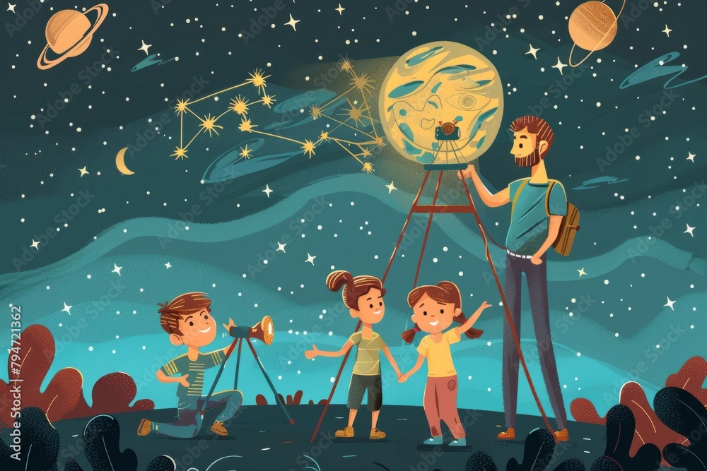 Cartoon cute doodles of a family stargazing together on a clear night ...